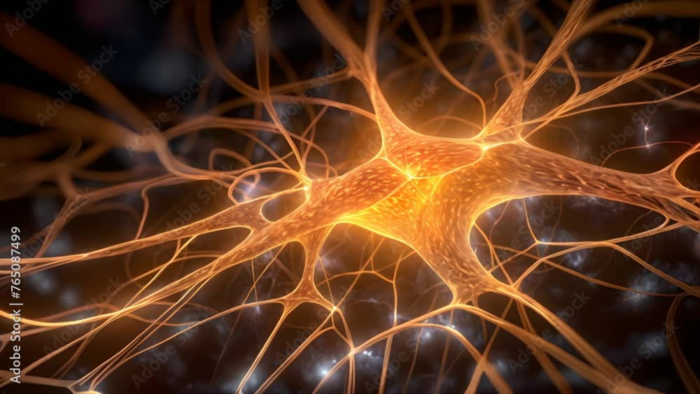 Signal transmitting neuron. Human nerve cell red color banner, system ...