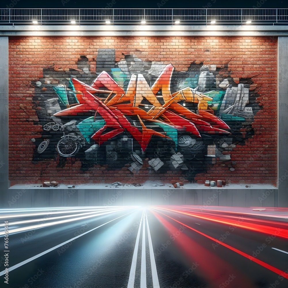 Vivid Graffiti Path: A striking spray of color on a textured brick ...