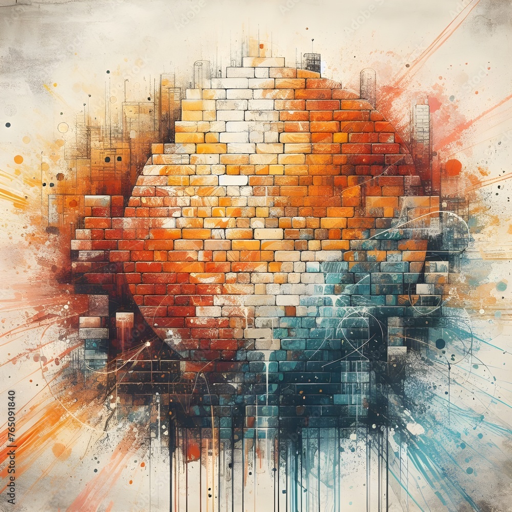 Vivid Graffiti Path: A striking spray of color on a textured brick ...