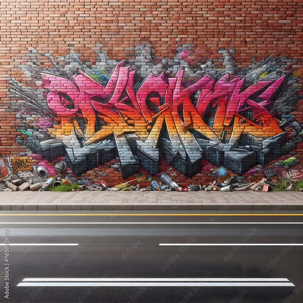 Vivid Graffiti Path: A striking spray of color on a textured brick ...