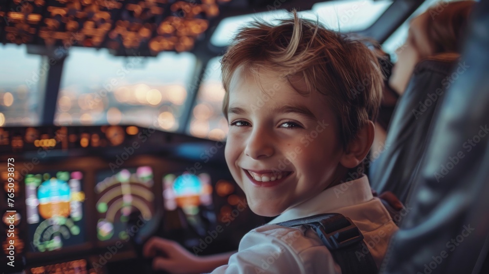 Little child pilot in airplane cockpit. flight simulator, entertainment ...