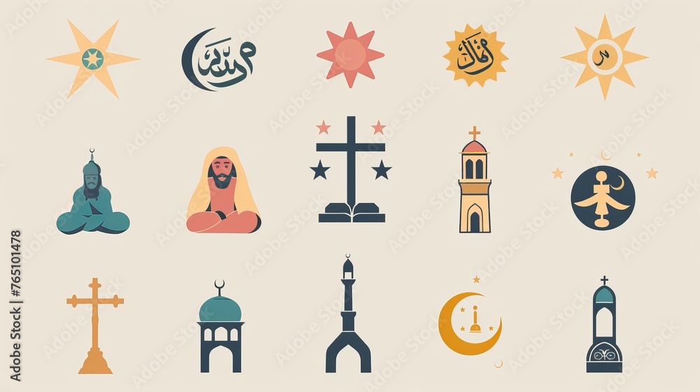 Illustration of religious symbols. Set of small characters representing ...
