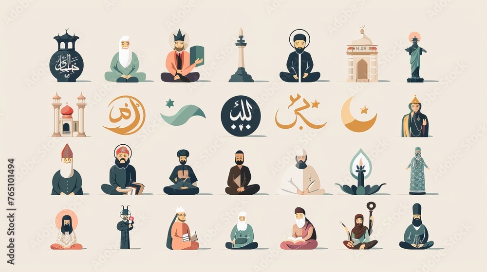 Illustration of religious symbols. Set of small characters representing ...