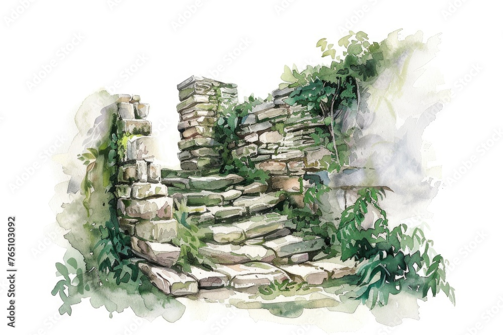 Watercolor painting of a mysterious ancient ruin, enveloped by nature ...