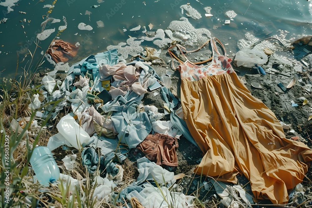 Clothes discarded in landfill highlighting issues of fast fashion and sustainability. Concept ...