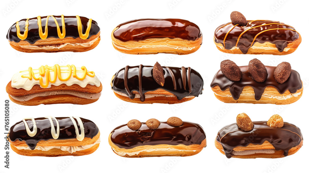 Collection of eclairs filled with pastry cream and topped with ...