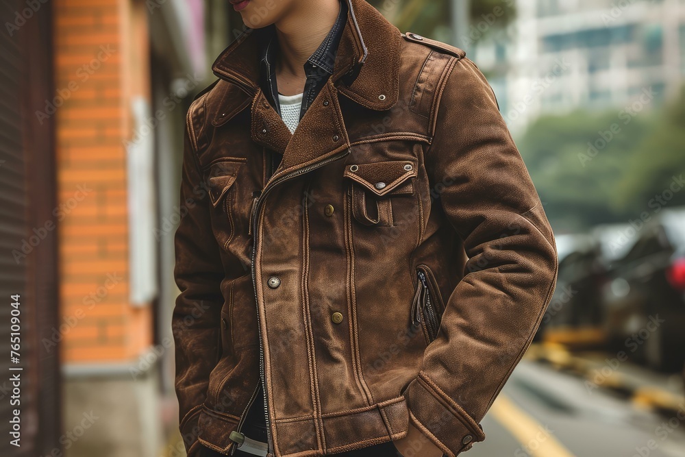 Unposed Asian man brown jacket street photo. Happy face. Generate Ai ...