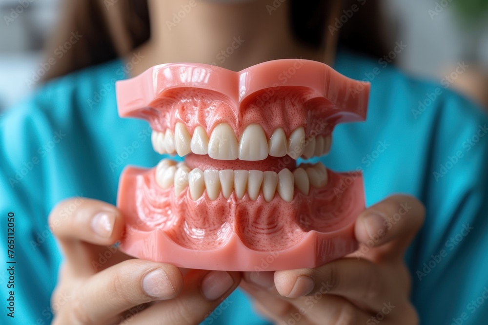 Dentist showing a dental model to a patient, explaining oral health ...