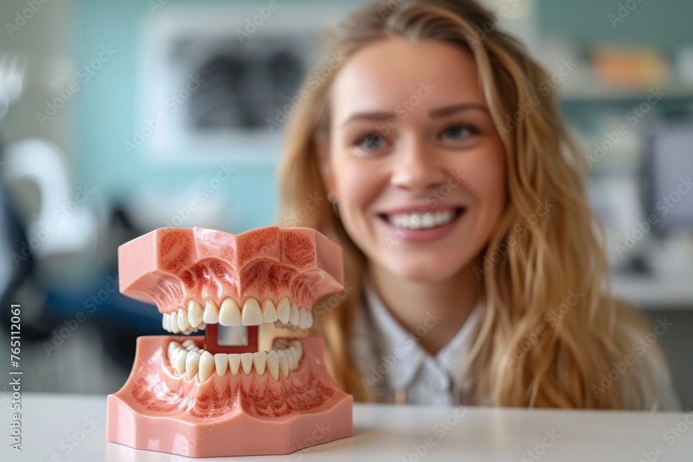 Dentist showing a dental model to a patient, explaining oral health ...