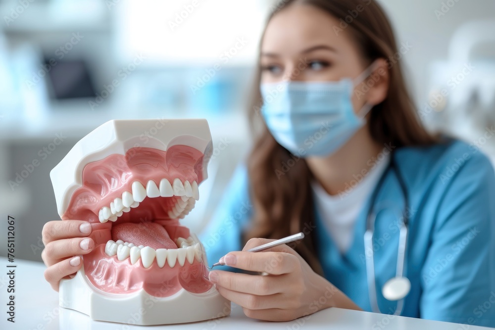 Dentist showing a dental model to a patient, explaining oral health ...