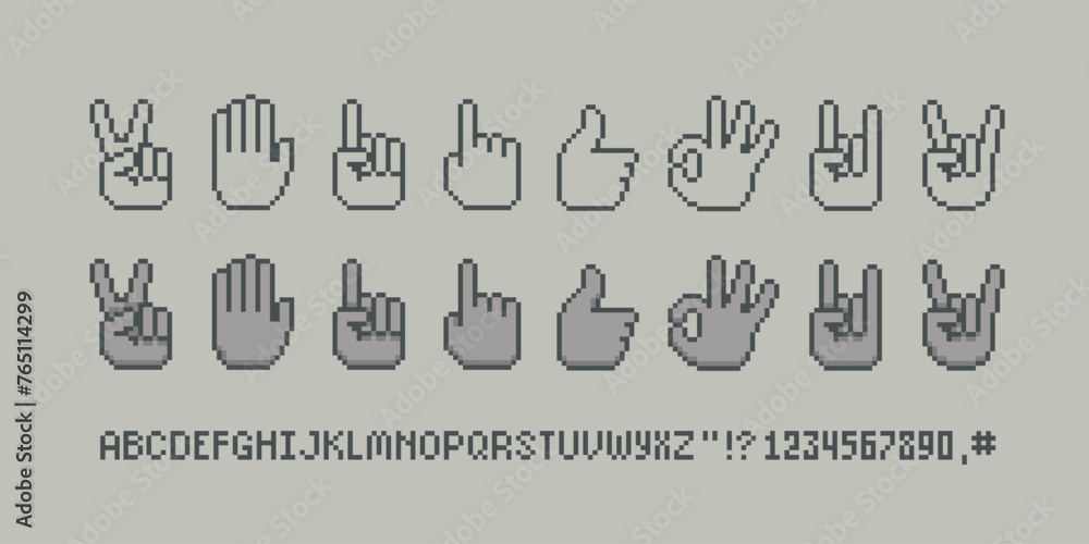 Pixel hand rebel gesture vector icons in 8-bit retro game style. Rock ...