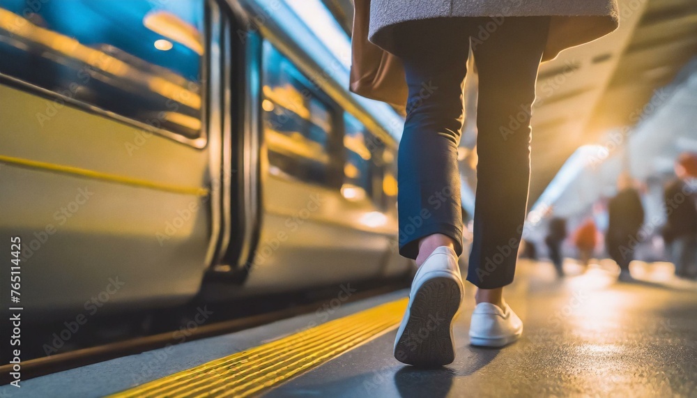 Commuter legs walking next to a subway train, people taking public ...
