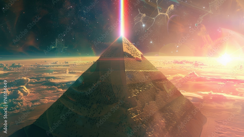 Mystical Pyramid under a Stellar Sky - An ethereal depiction shows an ...