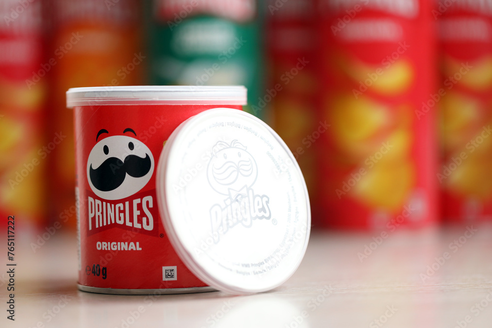 KYIV, UKRAINE - FEBRUARY 27, 2024 Pringles original potato chips on ...