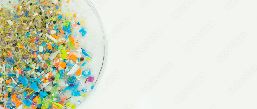 Macro shot of microplastics composition inside a lab petri dish ...