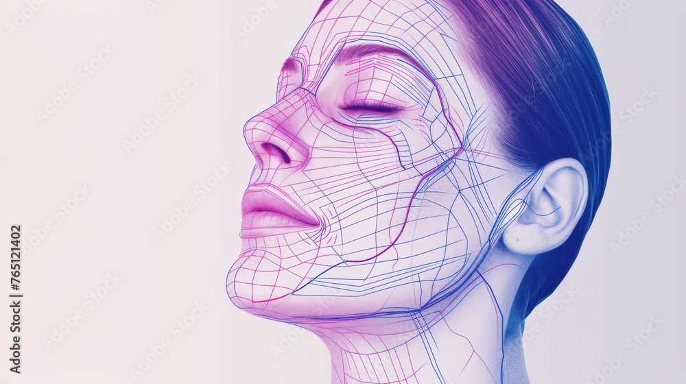 Digital concept of facial mapping on a woman's visage, indicating ...