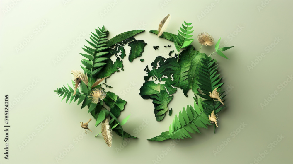 Paper art style of a green world map with various leaves and birds ...