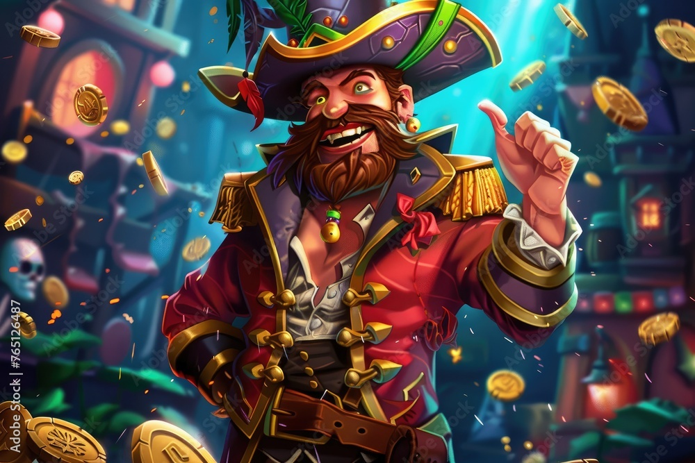 Pirate captain pointing during a coin shower - An energetic ...