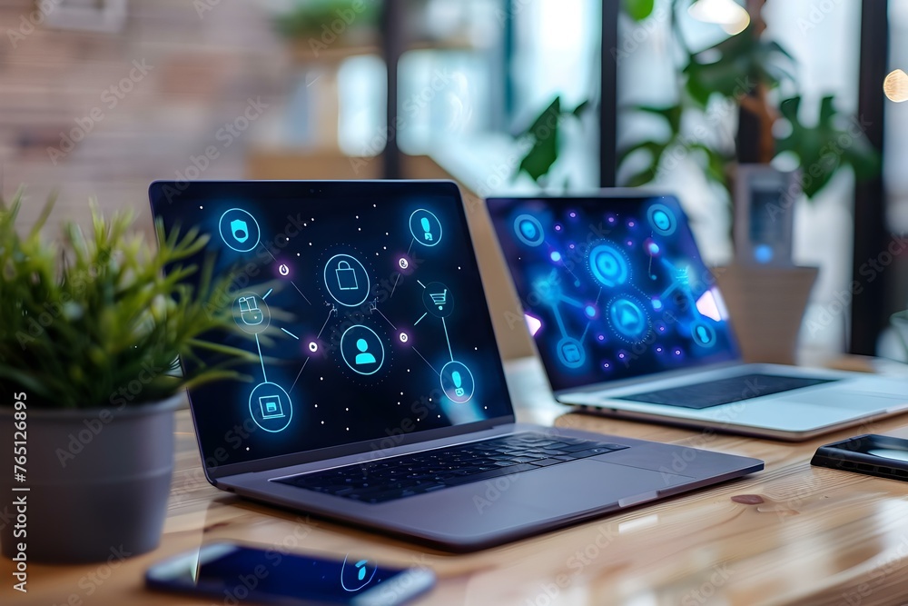 Modern digital devices with network icons used by a diverse team in a ...