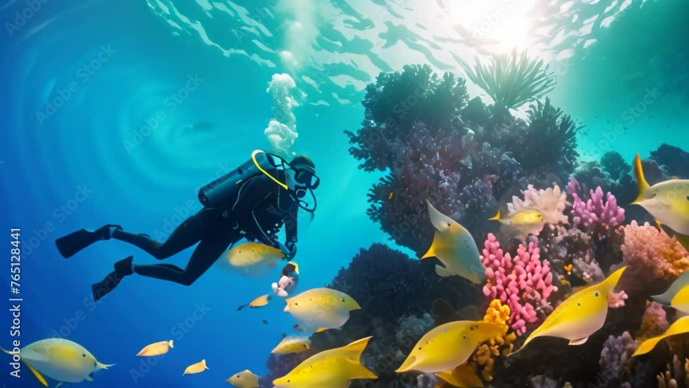 A scuba diver gracefully explores the vibrant and diverse ecosystem of ...