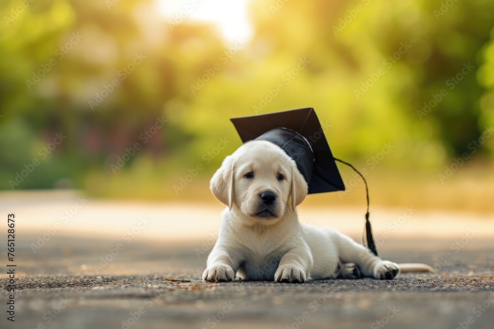 Small dog wearing graduation cap and gown Stock Illustration | Adobe Stock