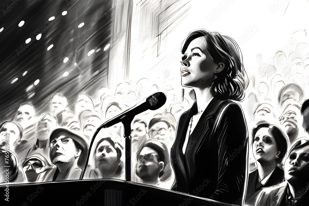 Women politician giving Public Speech on podium to crowds at election ...