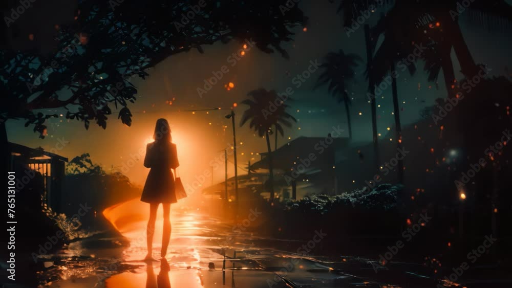 Vidéo Stock A woman gracefully walks down a dimly lit street at night ...