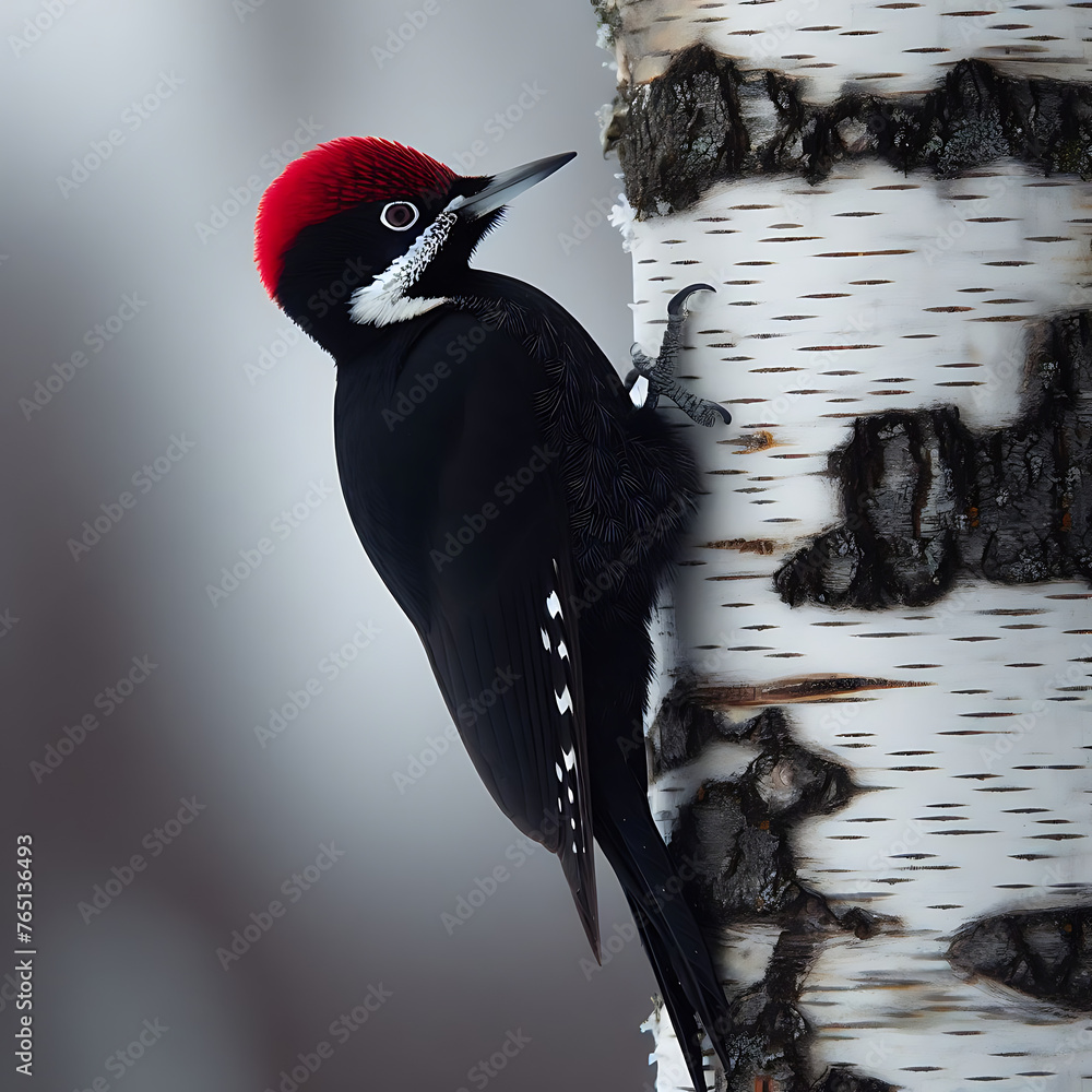 guards its tree in the cool morning air. This female woodpecker ...