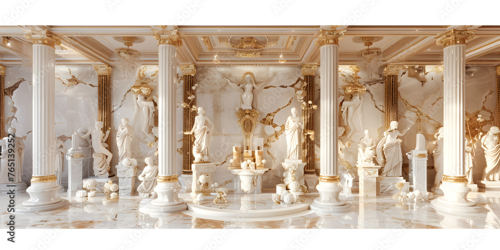 Greek mythology-inspired product display with marble columns, golden ...