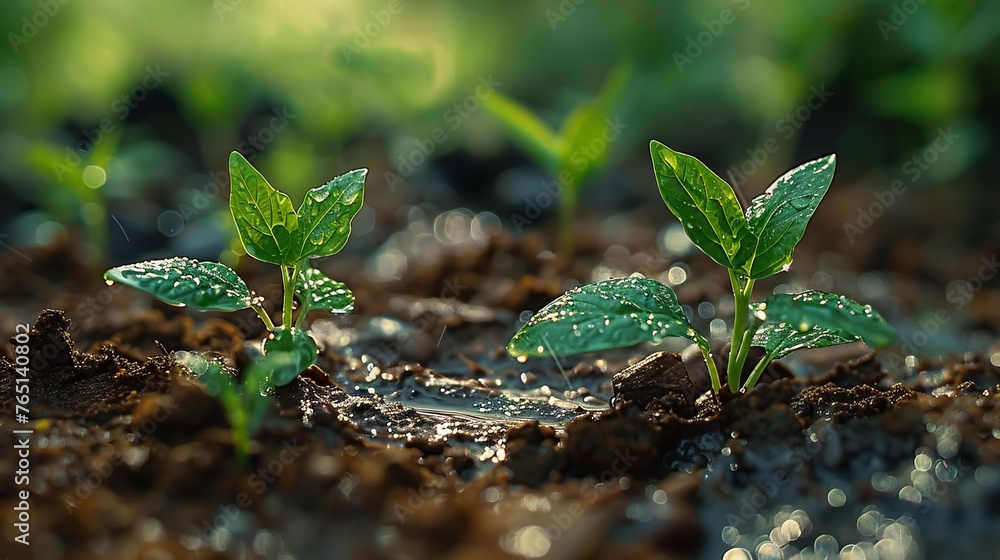 The fiThe first germinal leaves of a young cucumber close-up grow in ...