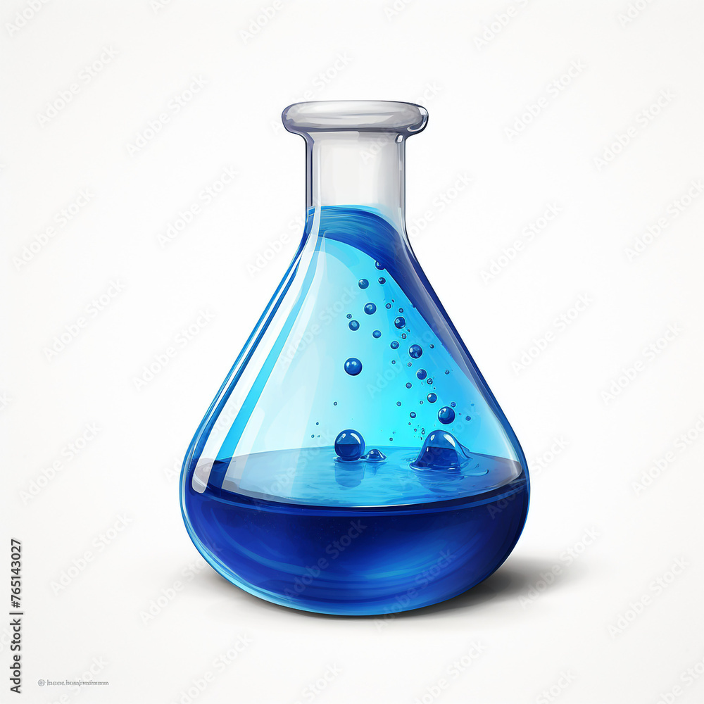 realistic erlenmeyer flask with blue liquid inside with some spilling ...
