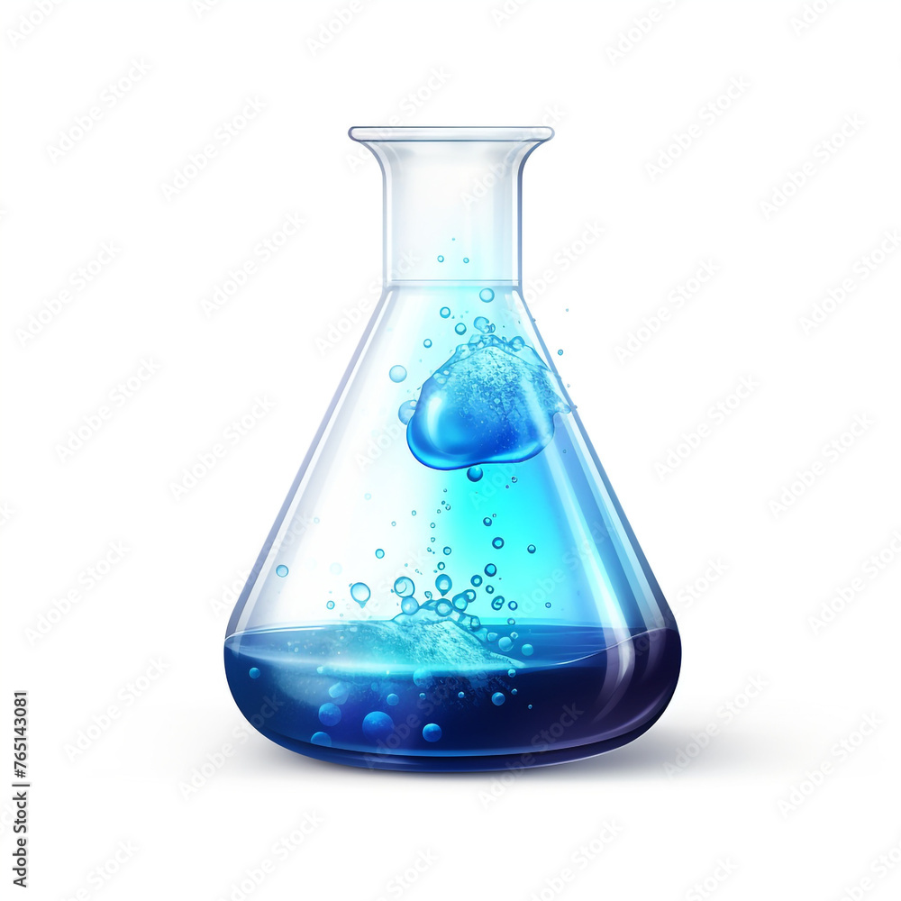 realistic erlenmeyer flask with blue liquid inside with some spilling ...