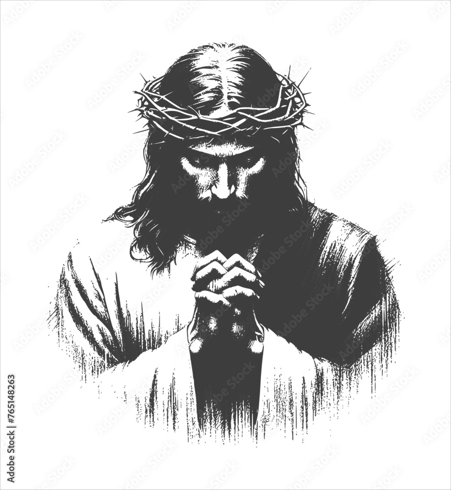 pencil sketch drawing - jesus christ praying (artwork 2) Stock Vector ...