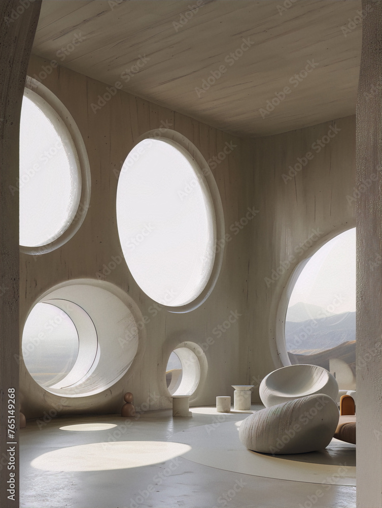 Minimalist interior design with circular windows, showcasing natural ...