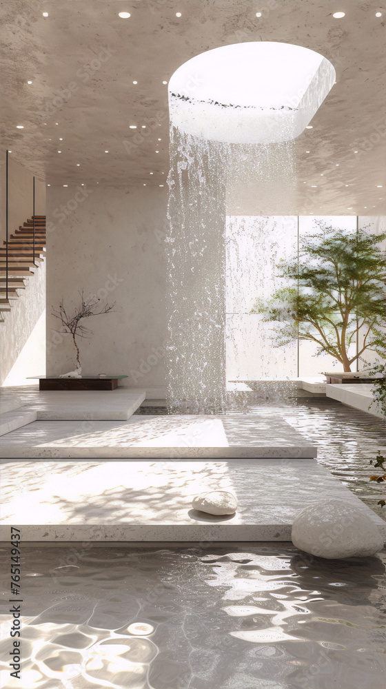 An atrium with a water feature, stone sculptures and large windows in a ...