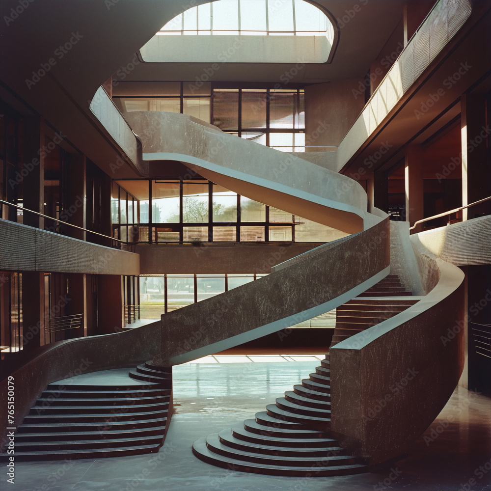 An image of a spiral staircase in a Brutalist style building with a ...