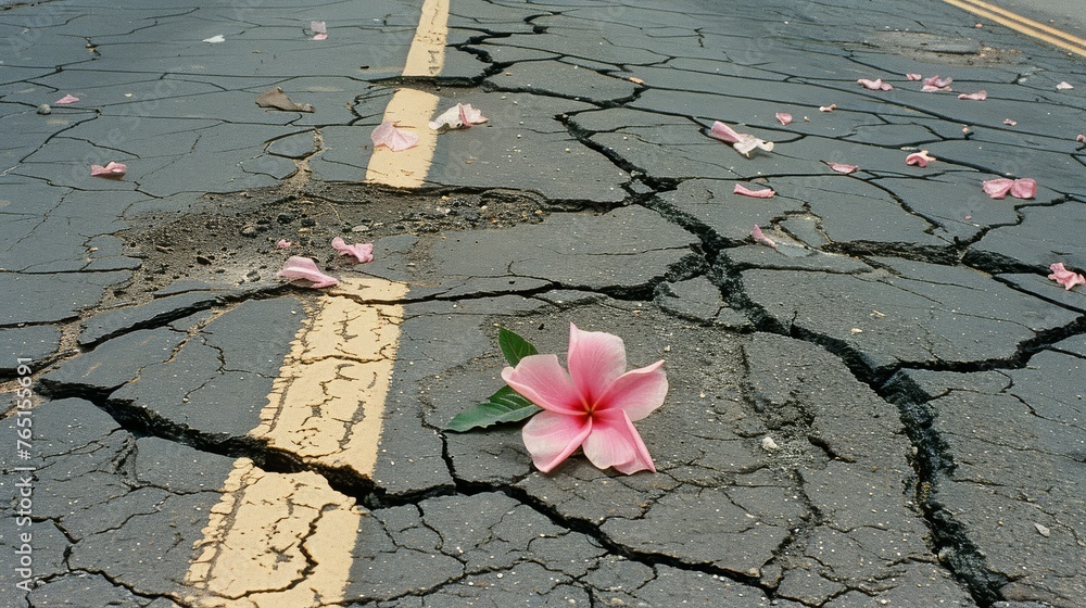 a pink flower sitting on the side of a road in the middle of a cracked ...