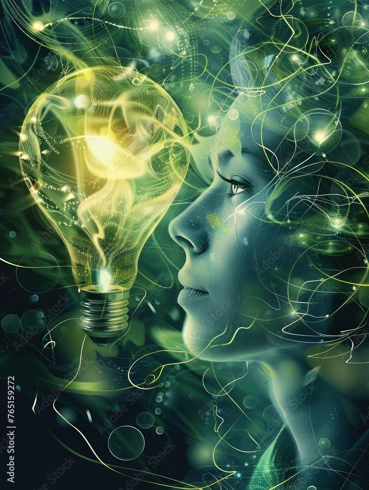 Glowing Light Bulb with Green Tones and Lines - A vibrant image of a ...