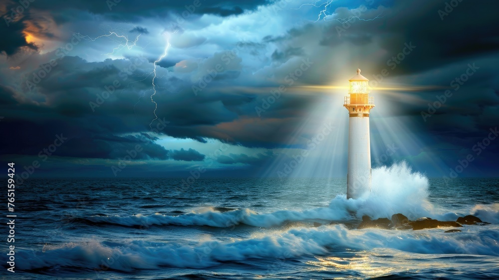 Lighthouse enduring storm with dramatic lightning - A powerful ...