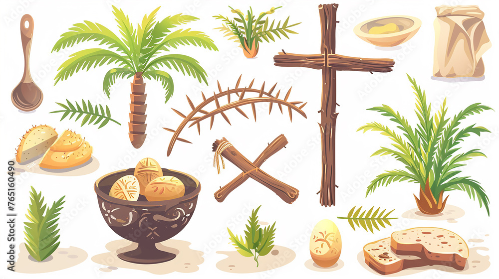 semana piedosa. Símbolos de ícones da Páscoa cristã. Ramo de palmeira ...