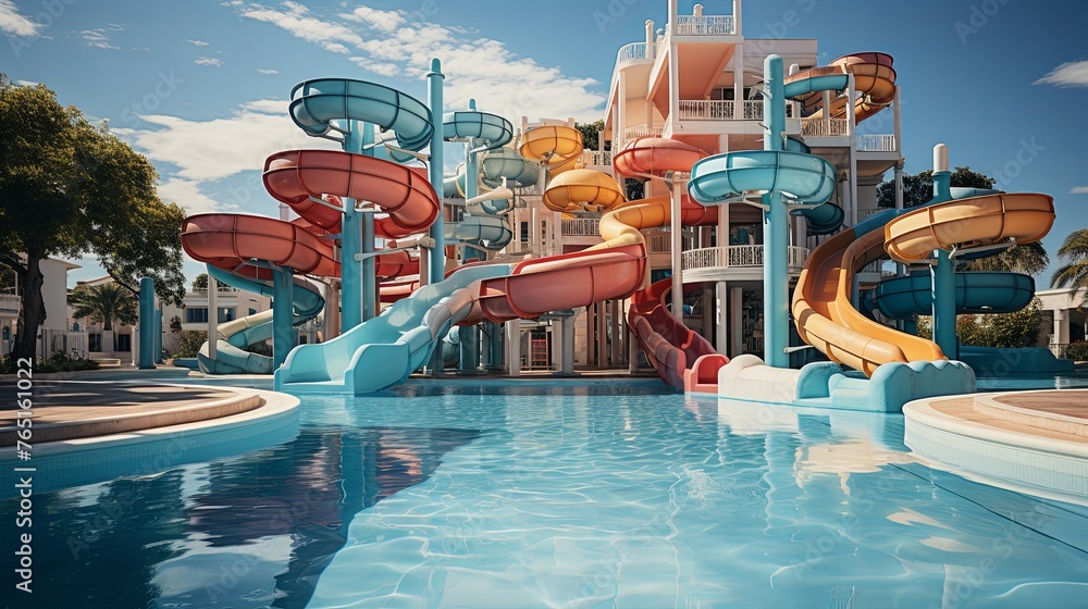 Empty Water park for kids. Water park, bright multi-colored slides with ...