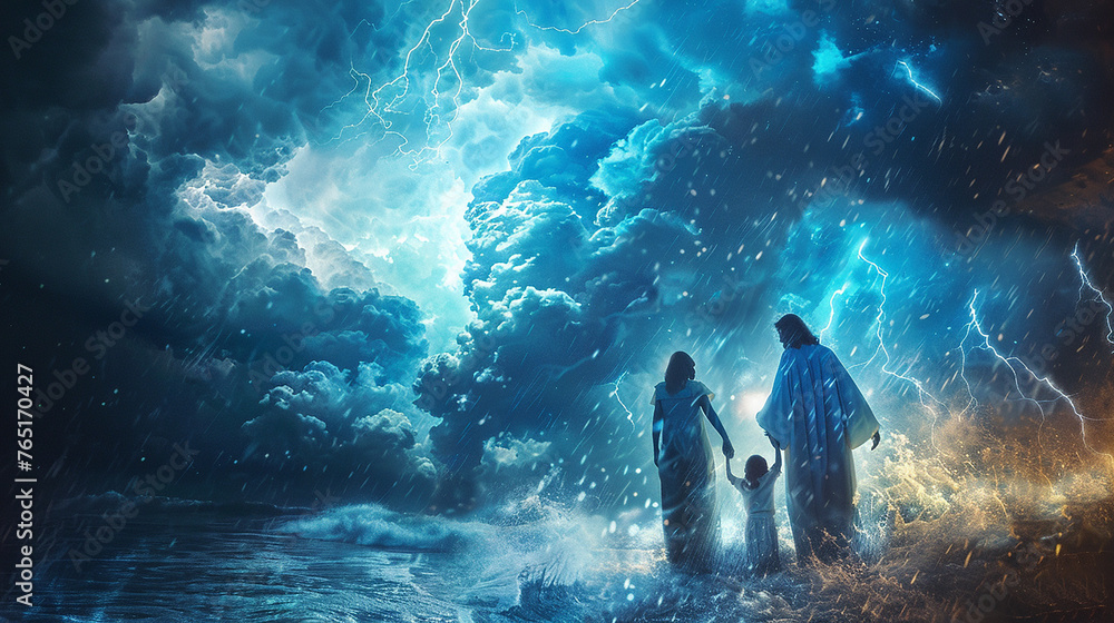tempestade ao fundo, Jesus iluminado protege a família Stock ...