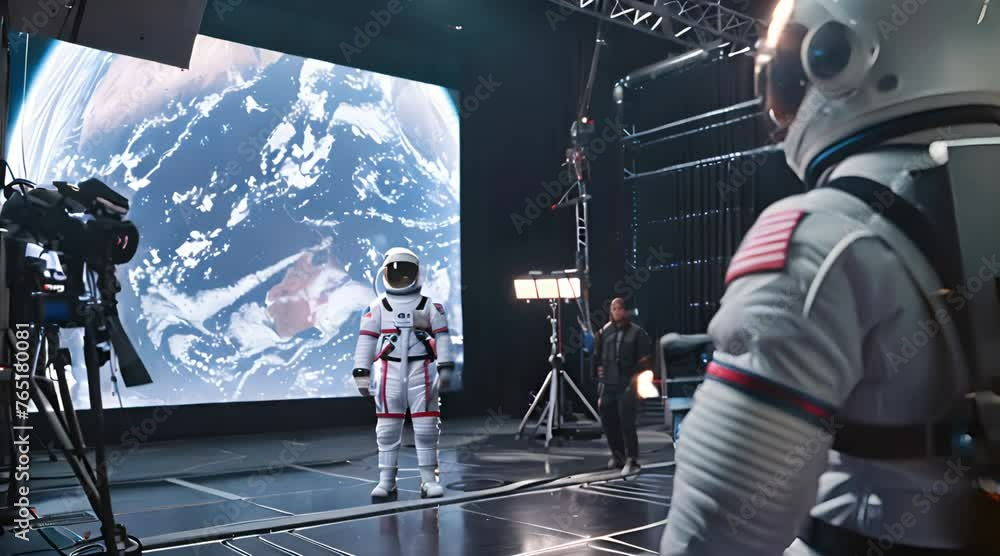 Vidéo Stock Journey to Space: Actor in Astronaut Costume on Film Set ...