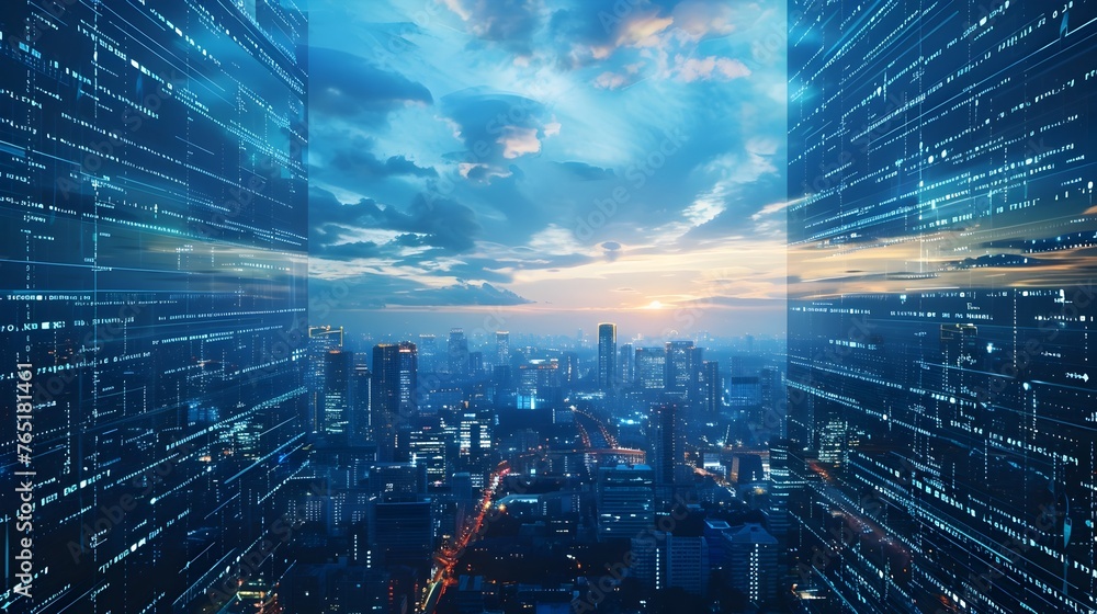 Digital City at Dusk with Atmospheric Effects, To convey the concept of ...