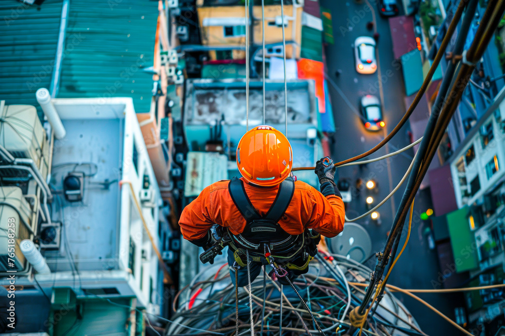Skilled electricians working on high voltage system from above, aerial ...