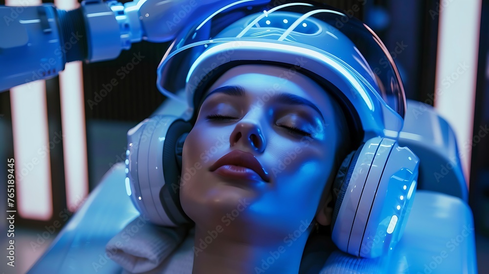 Close-up Robot hypnotized woman lying on bed, Concept of harmonious ...