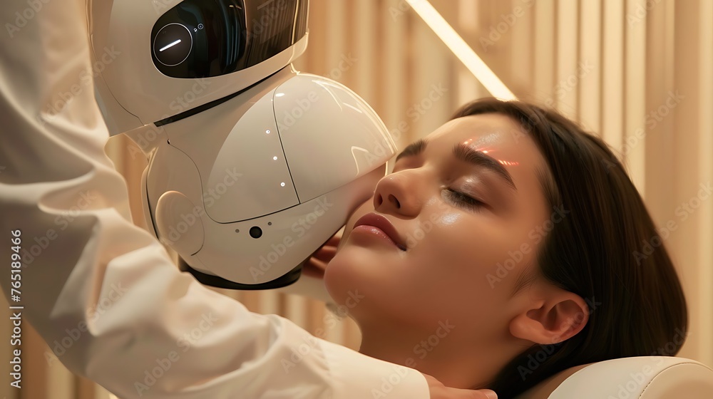 Close-up Robot hypnotized woman lying on bed, Concept of harmonious ...