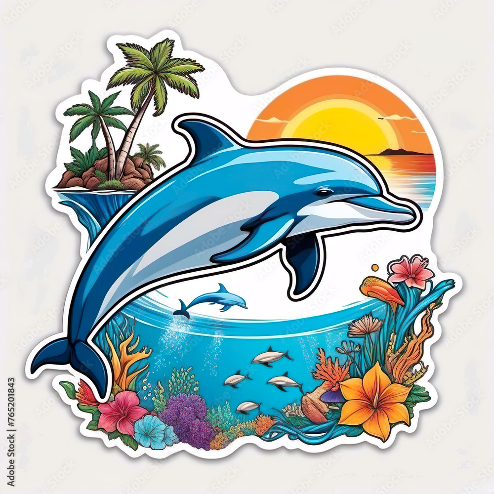 Diseño de pegatinas 3d delfín en el mar isla sol peces sol Stock ...