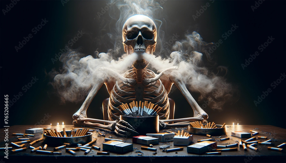 Human skeleton sitting at a wooden table. The skeleton has several ...