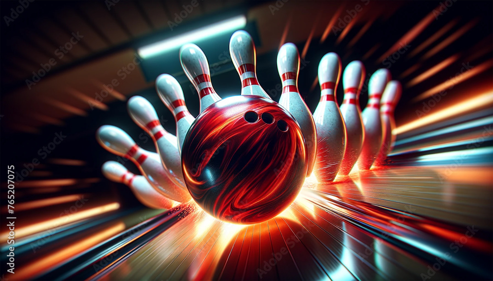 A glossy bowling ball as it hits the front pin in a bowling alley. The ...
